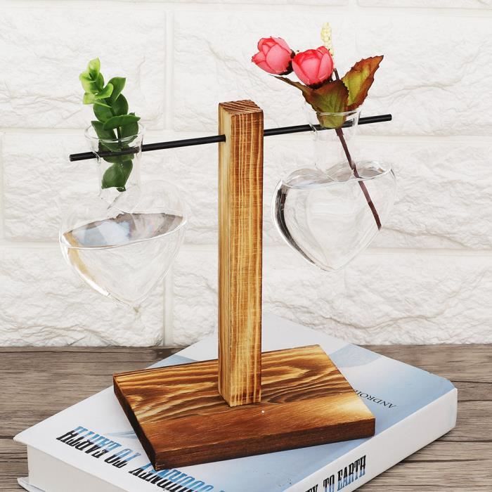 LAM-Un vase en verre hydroponique avec socle en bois coeur forme de ...