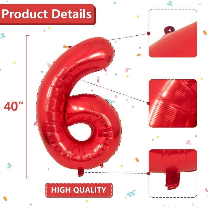 Ballon Anniversaire 6 Ans Rouge, 101Cm Chiffre 6 Ballon Anniversaire ...