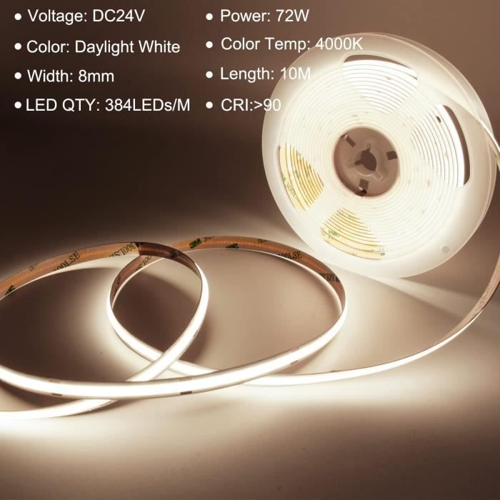 Ruban LED COB 10M, Bande LED Blanc Naturel 4000K DC24V 480 LED-M, CRI 90+, 8mm Largeur, Lumière ...