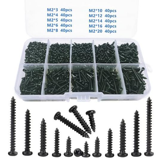 VIS,M2--Kit'assortiment de vis autotaraudeuses M1 M1.2 M1.4 M1.6 M1.8 M2 M3 M4, filetage en bois ...