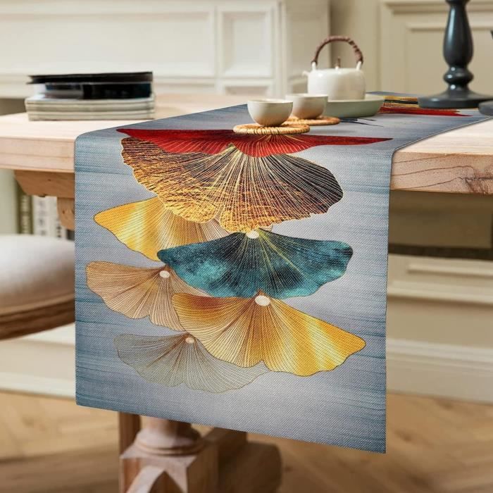 Chemin De Table En Lin Moderne Toile De Jute Turquoise Et Ginkgo Dorées ...