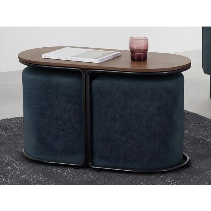 Table basse + 2 poufs en tissu - Naturel et bleu - ADAR - Cdiscount Maison