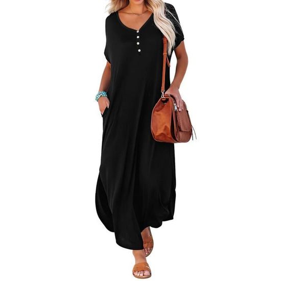 Robe Longue Femme - Décontractée - Col en V - Avec Poches - Noir Noir ...