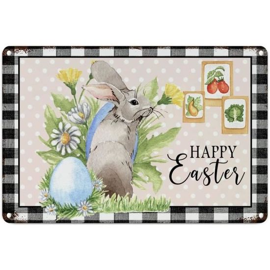 Plaque Murale En Métal Happy Easter Spring Flower Bunny Sign Grey ...