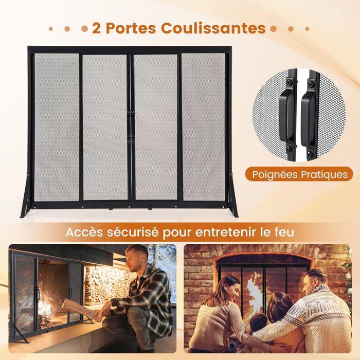 GIANTEX Pare Feu Cheminée en Métal avec 2 Portes Coulissantes, Pare Feu ...
