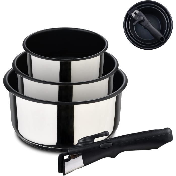 Click & Cook | Set De Casseroles 4 Pièces | Acier Inoxydable Et Antiadhésif | 3 Casseroles De 16 ...