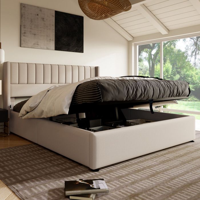 Lit coffre beige 180 x 200 cm avec relevage hydraulique, tête ...
