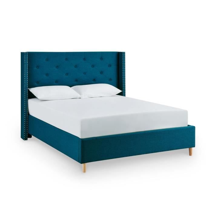 Lit double SUSAN - Tissu capitonné bleu - 140x190 cm - Style baroque ...