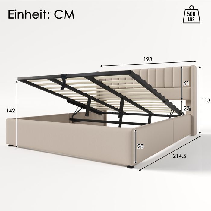 Lit coffre beige 180 x 200 cm avec relevage hydraulique, tête ...