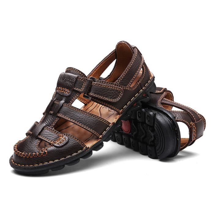 Sandales Homme Cuir Confort Été Kaki-K 40 - Marron - Scratch - Plat ...