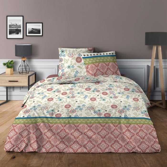 Parure de draps 4 pièces pour lit 140 x 190 cm Nature rouge 100% coton ...