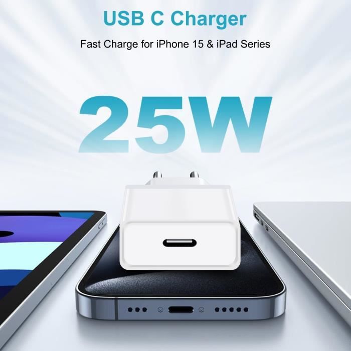Chargeur Rapide Iphone 15, 25W Chargeur Usb C Rapide Avec 2M Usb C ...
