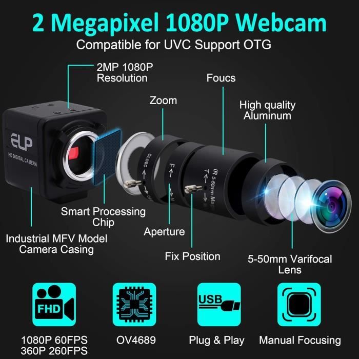 Webcam 2 Mégapixels 5-50 Mm-Zoom Manuel-Caméra Hd Usb Compatible Avec ...
