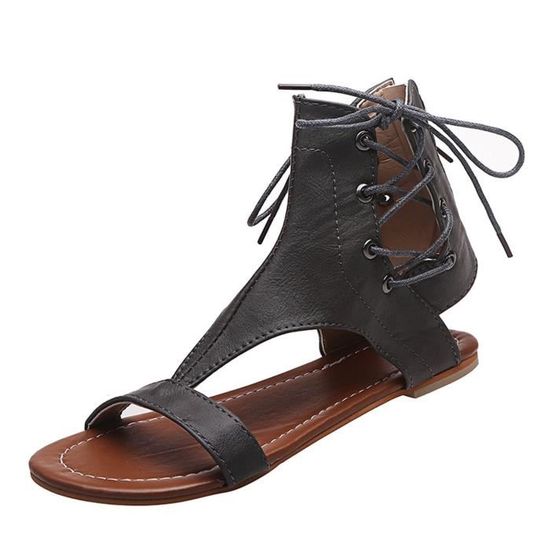 Sandales plates romaines à la mode pour femmes avec sangle à tête ronde ...