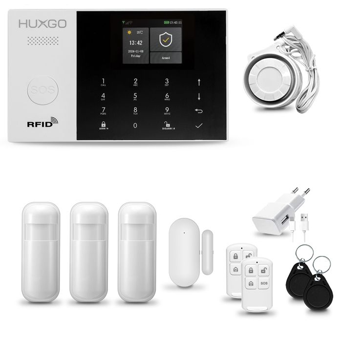 Kit d'alarme Anti Intrusion pour Appartement, HUXGO HXA005, WiFi + GSM 4G LTE avec Sirène, 3x ...