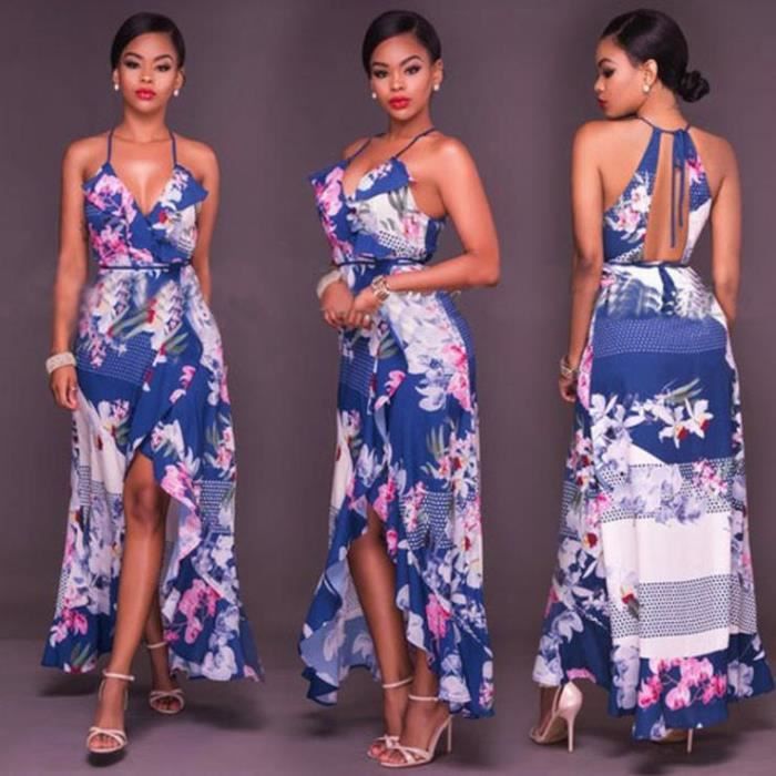 Robe Femme Mode Glamour Elegant Sans Manches Sexy Bohème Bleu