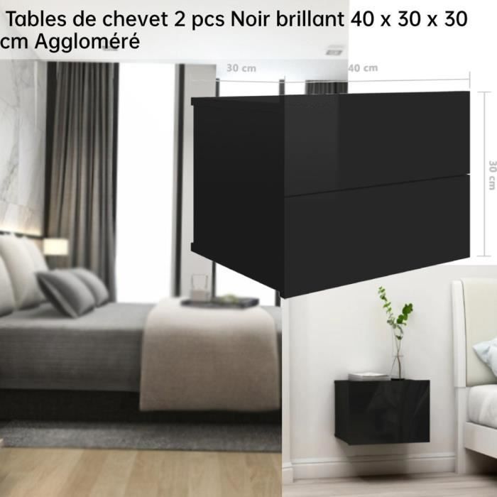 COC Tables de chevet 2 pcs Avec 2 tiroirs Noir brillant 40 x 30 x 30 cm ...