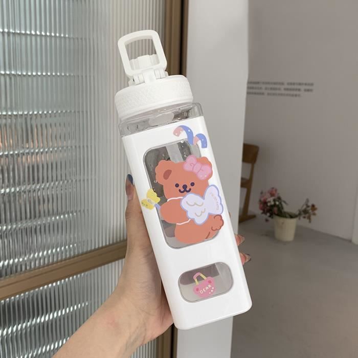 GOURDE - BIDON,White G-900ml--Bouteille'Eau Pastel avec Autocollant 3D, Kawaii, Ours, en ...