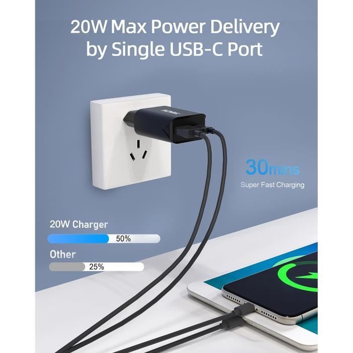 Chargeur Usb C 20W Avec Cable 1M Prise Usb C Chargeur Rapide 2Porte Pd ...
