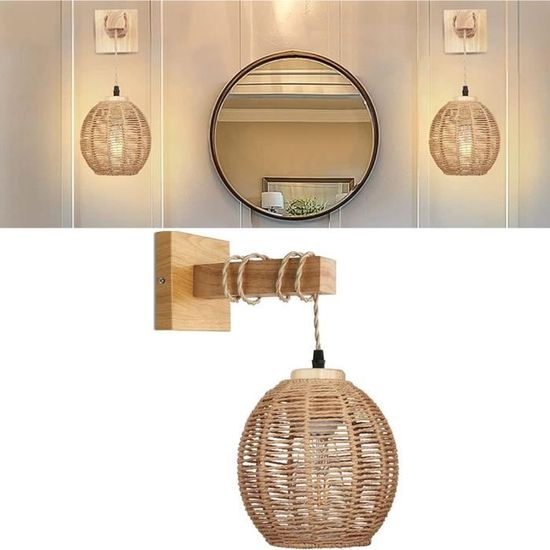 Applique Vintage Avec Abat-Jour En Rotin Tressé,E27 Rétro Applique Avec ...