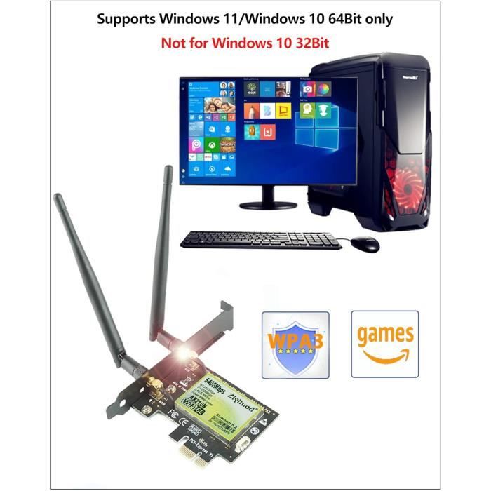 Carte WiFi 6 Bluetooth PCIe 6G/5G/2.4G pour PC Windows 11/10 64Bit ...