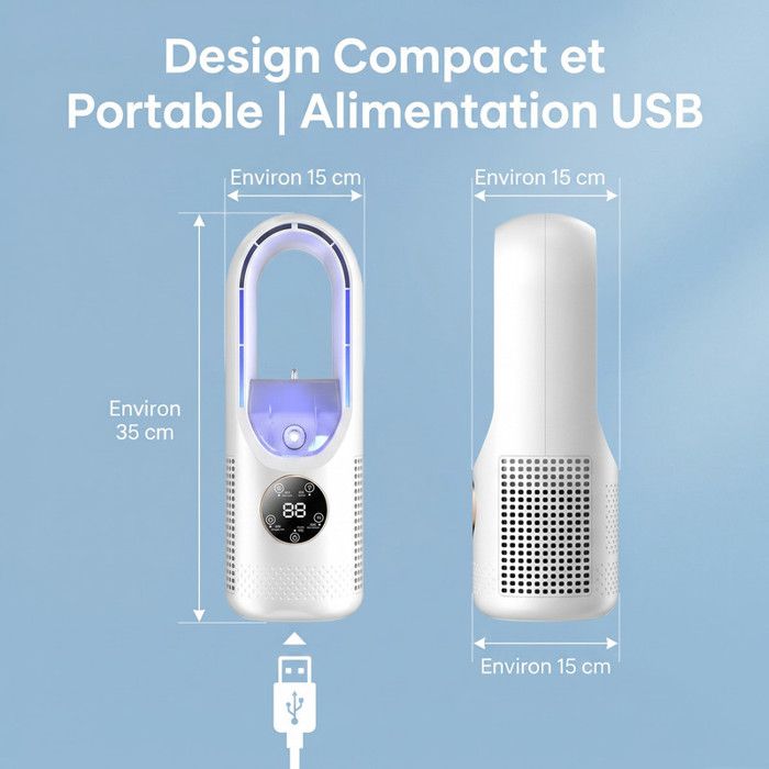 Ventilateur Sans Pales Portable avec Humidificateur, 6 Vitesses, USB ...