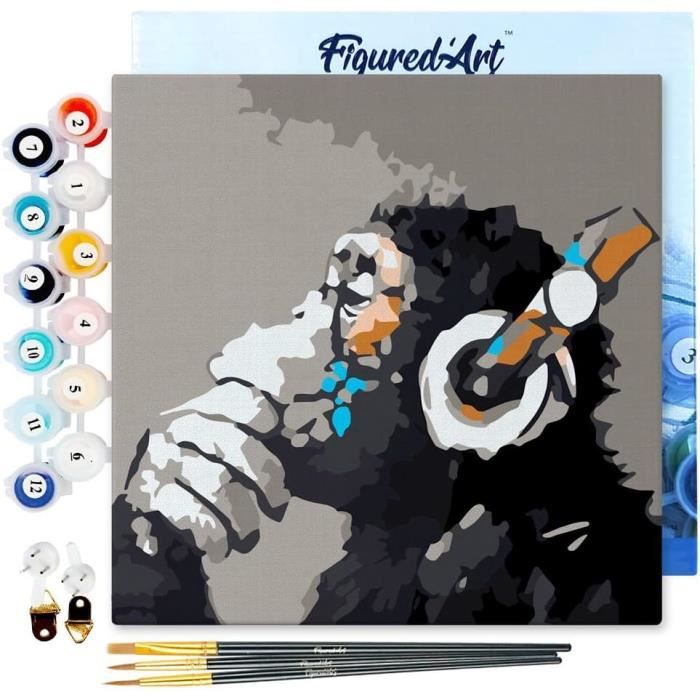 Mini Peinture Par Numéro Adulte 20X20Cm Avec Cadre Singe Casque Audio ...