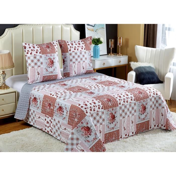 Couvre lit boutis 2 Places 220x240cm Dessin imprimé avec 2 Taies 65x65cm B-1-114 - Cdiscount Maison