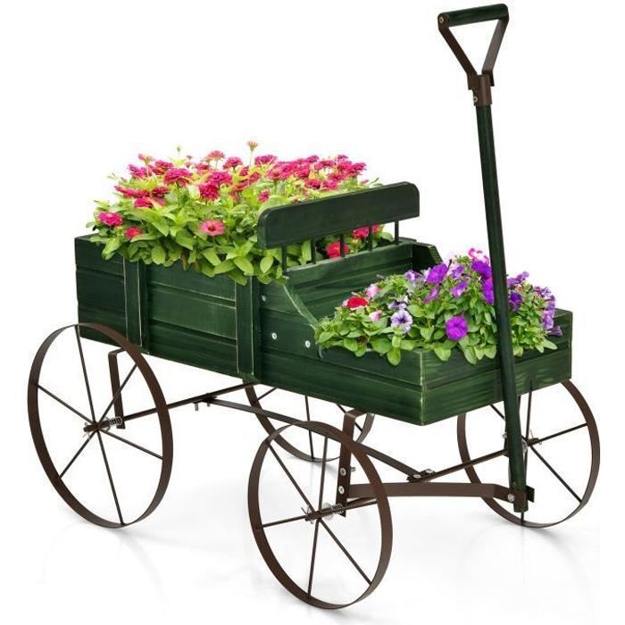 Brouette de Jardin en Bois COSTWAY - 2 Compartiments à Planter - Roues ...