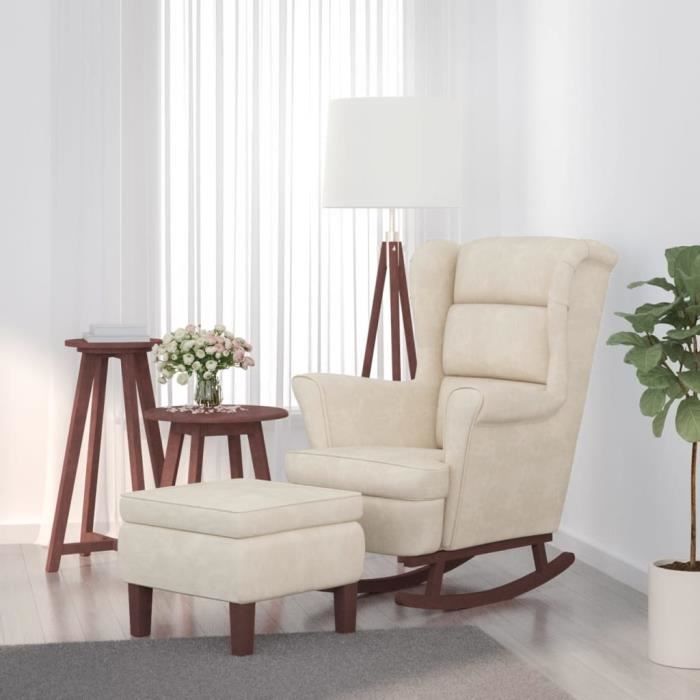 GOTOTOP Chaise à bascule avec pieds en bois et tabouret Crème Velours ...