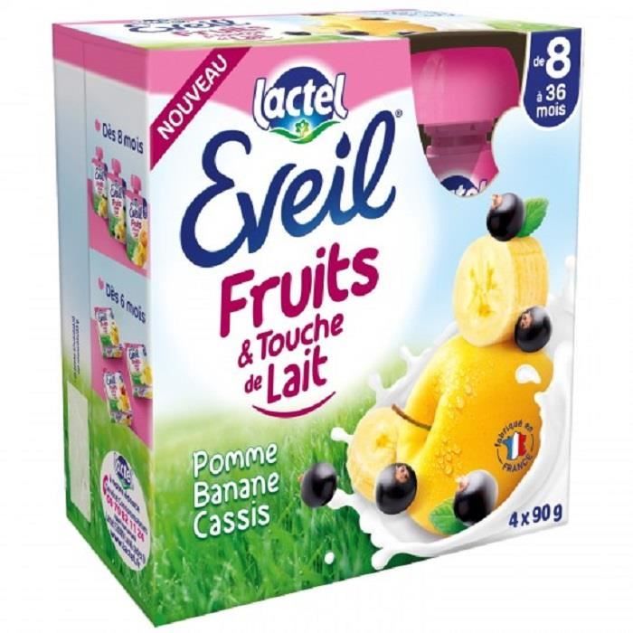 LACTEL Eveil Fruits et touche de lait Pomme Banane Cassis 4x90g - Achat ...