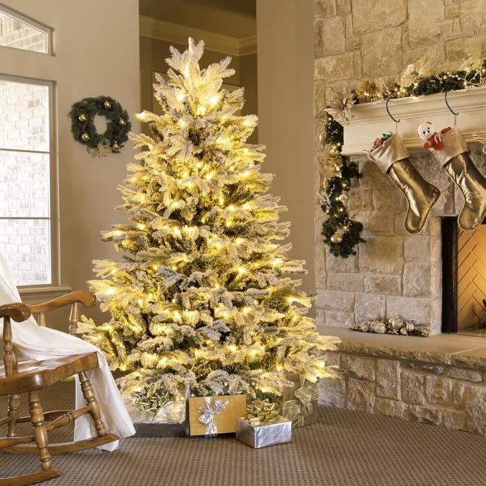 RELAX4LIFE Sapin de Noël 180cm, Arbre de Noel Slim Enneigées avec LED ...
