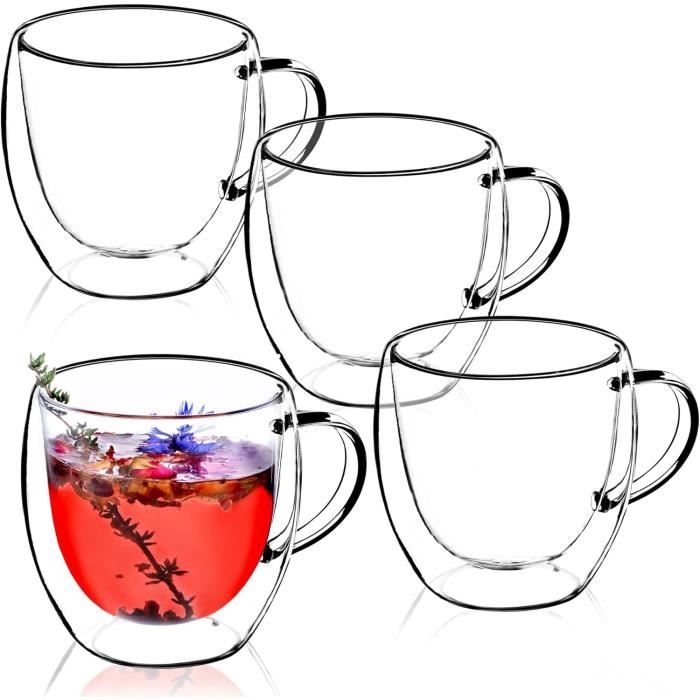 Lot De 4 Tasses En Verre À Double Paroi De 250 Ml Avec Large Poignée, Pour Jus, Thé, Café ...