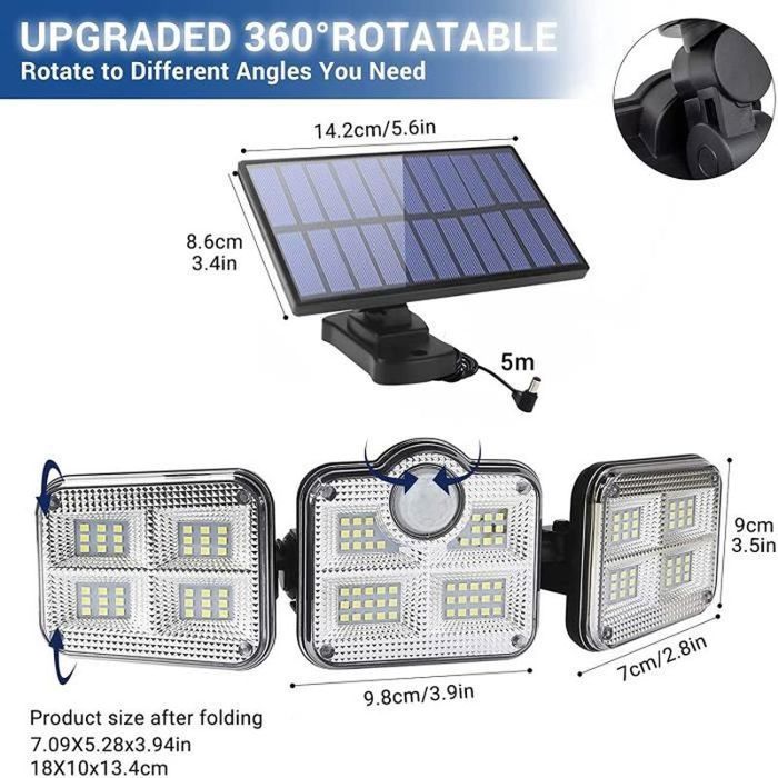 APPLIQUE EXTERIEURE Applique murale solaire LED 3 têtes 122 Leds avec ...