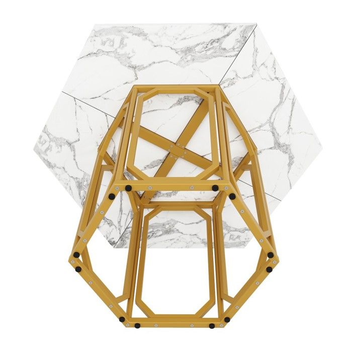 Table Hexagonale Marbre Doré 1 Pièce - Pieds Métal, Motif Marbre, Table ...