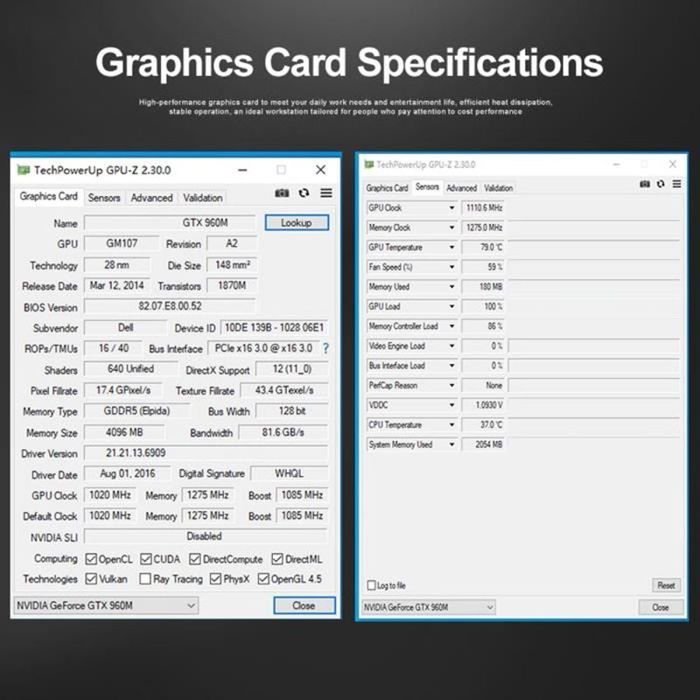 CARTE GRAPHIQUE INTERNE Carte Graphique GTX960M 4GB GDDR5 28Nm 1020MHz 1275 MHz128 Bit PCle X16 ...