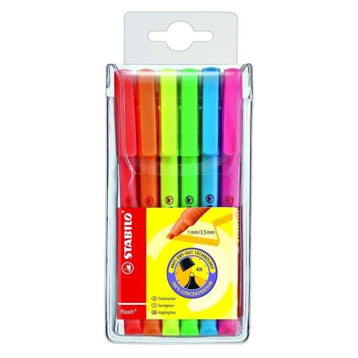 STABILO Flash - Surligneur pochette 6 couleurs fluo - Pointe biseautée ...