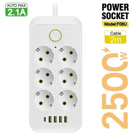 F06 2m White Ue Plug-Multiprise EU avec USB Type C PD, multiprise ...