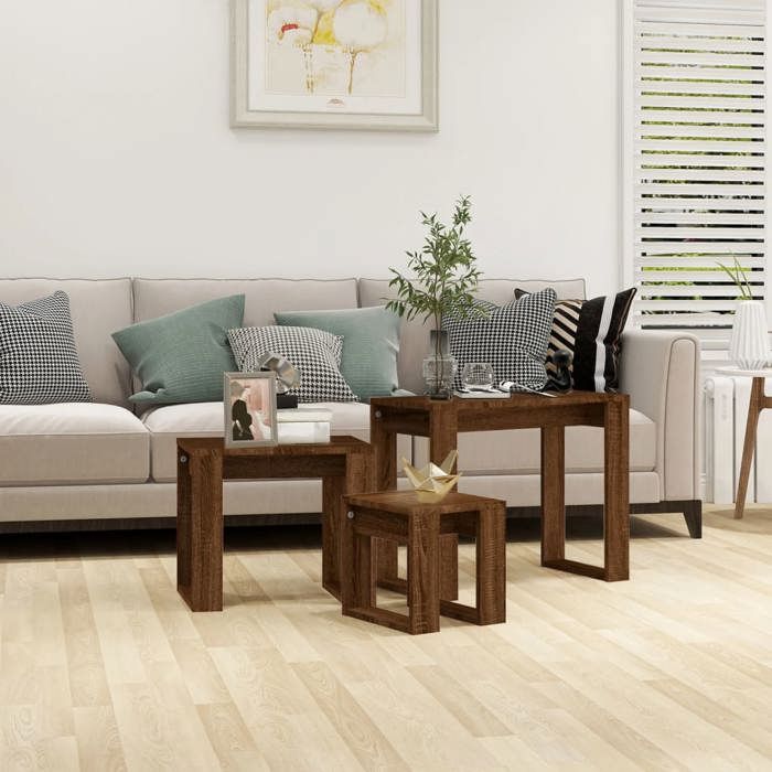 BEAU Lot de 3 Tables basses gigognes - Bouts de canapé chêne marron ...