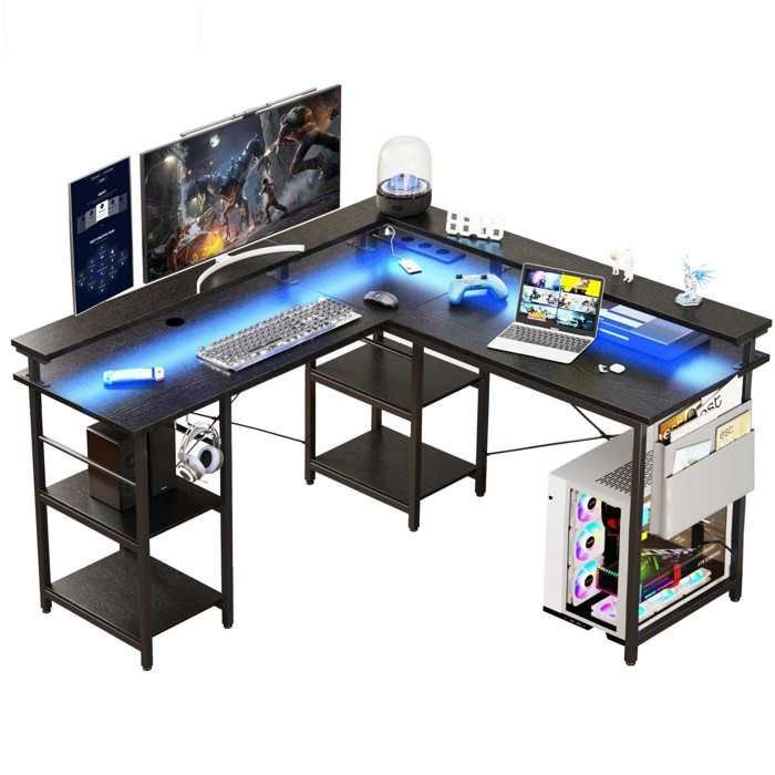 Bureau d’angle avec rehausse écran, LED RGB, prises USB et Type-C ...