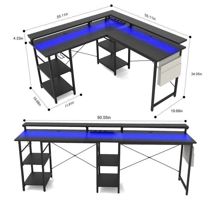 Bureau d’angle avec rehausse écran, LED RGB, prises USB et Type-C ...