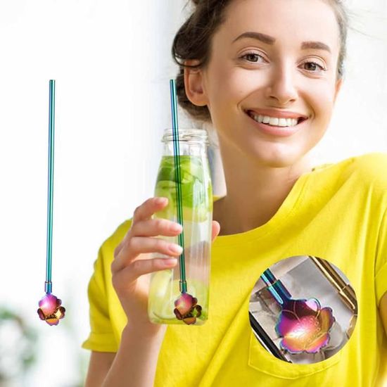 Ensemble de paille de fleur de cuillère de paille en acier inoxydable ...