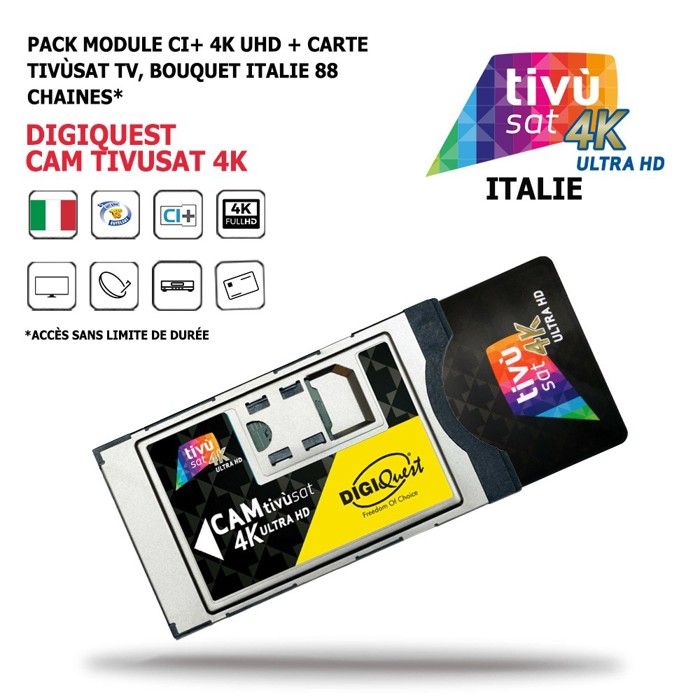 Pack Module CI+ CAM Tivusat 4K + Carte Bouquet Tv Italien Digiquest 88 ...