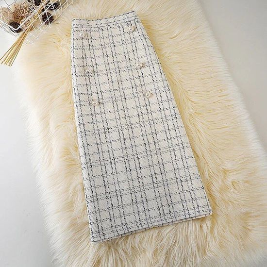Ashgaily-Jupe longue en tweed pour femme,taille haute,trompent fendue ...