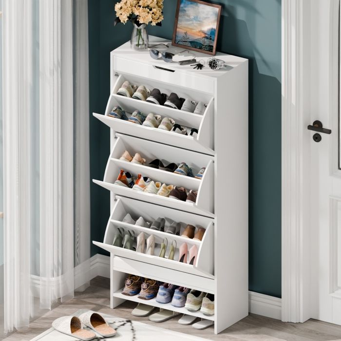 Meuble Coffre Armoire à Chaussures rangement 3 tiroirs blanc 24 Paires d'entrée et salon ,L63 x ...