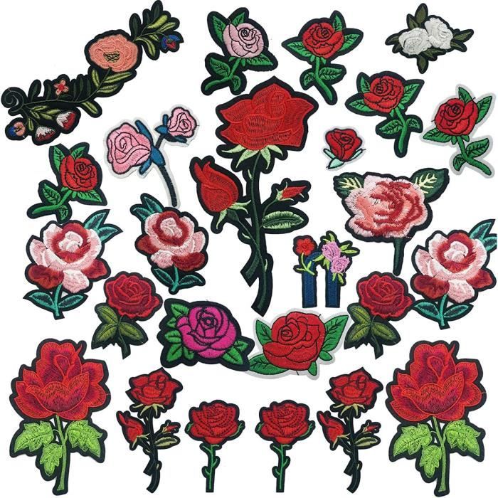 Broderie Patch Thermocollant, 25 PCS Fleurs de Rose à Repasser Iron-on Patches Appliques pour L ...