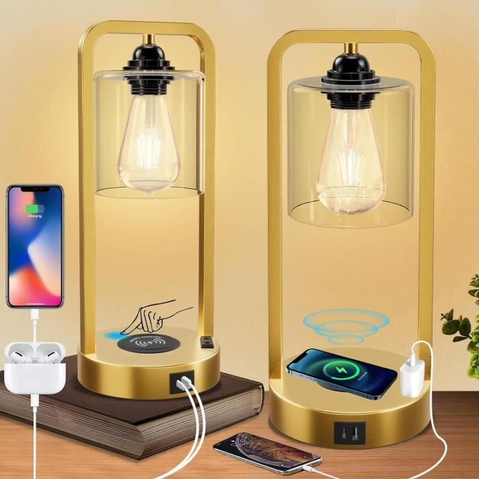 Lot de 2 lampes de chevet, à intensité tactile, avec chargeur sans fil ...