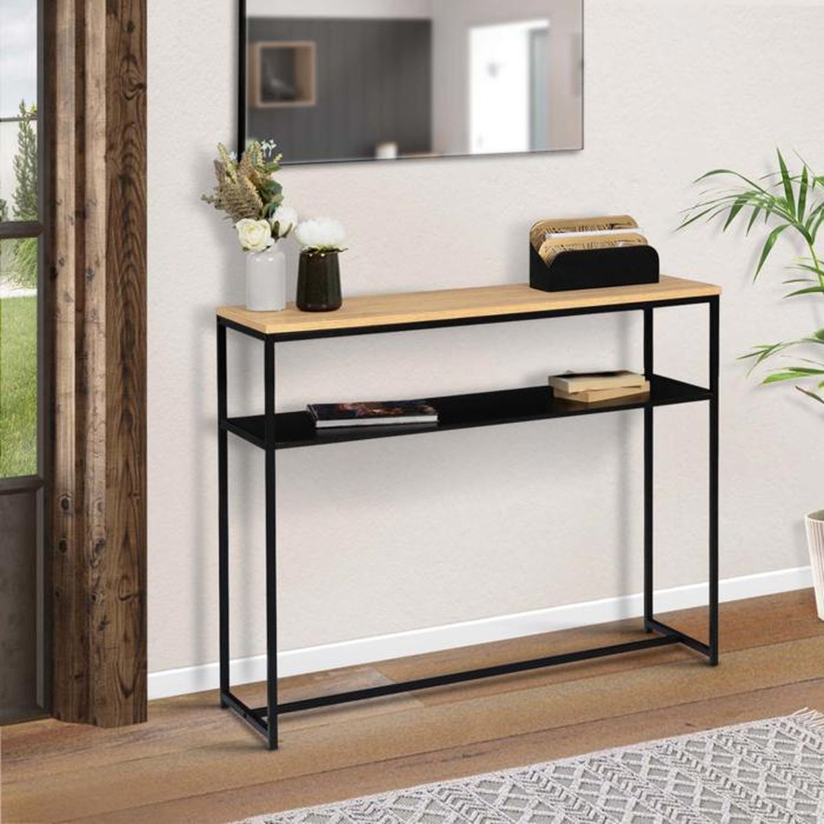 IDMARKET Console double DENTON métal noir et bois design industriel ...