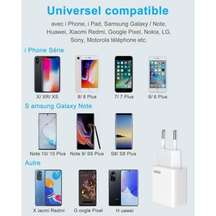 Prise USB Chargeur, Adaptateur Secteur Universel pour iPhone SE 8 7 6 ...