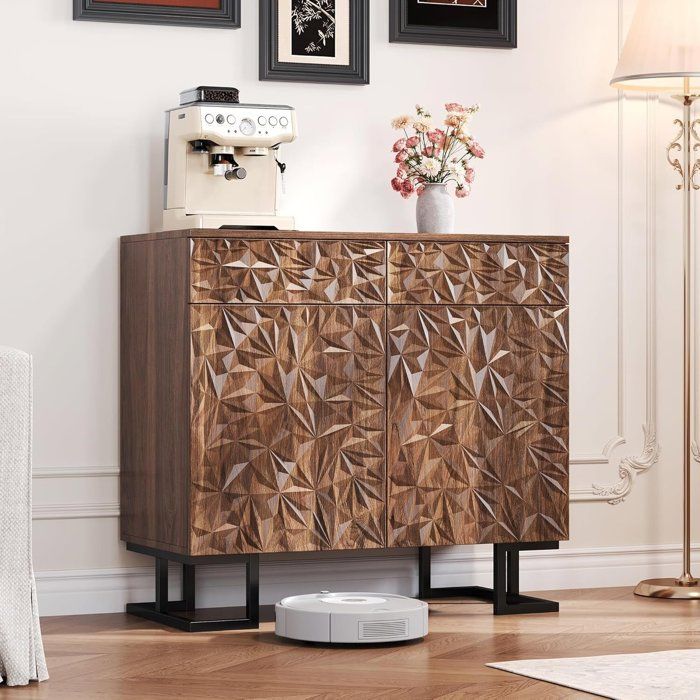 Buffet Bahut 2 tiroirs et 2 portes | Relief de Feuilles | 80 x 78 x 40 ...